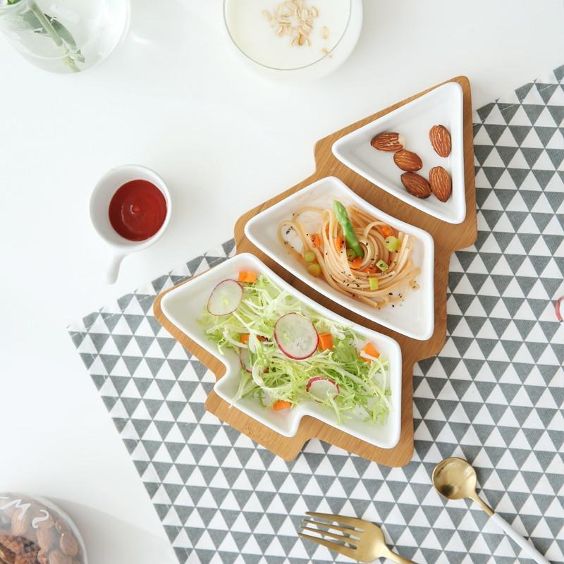 Ceramic Christmas Tree serving plate with wooden tray – Kitchwares